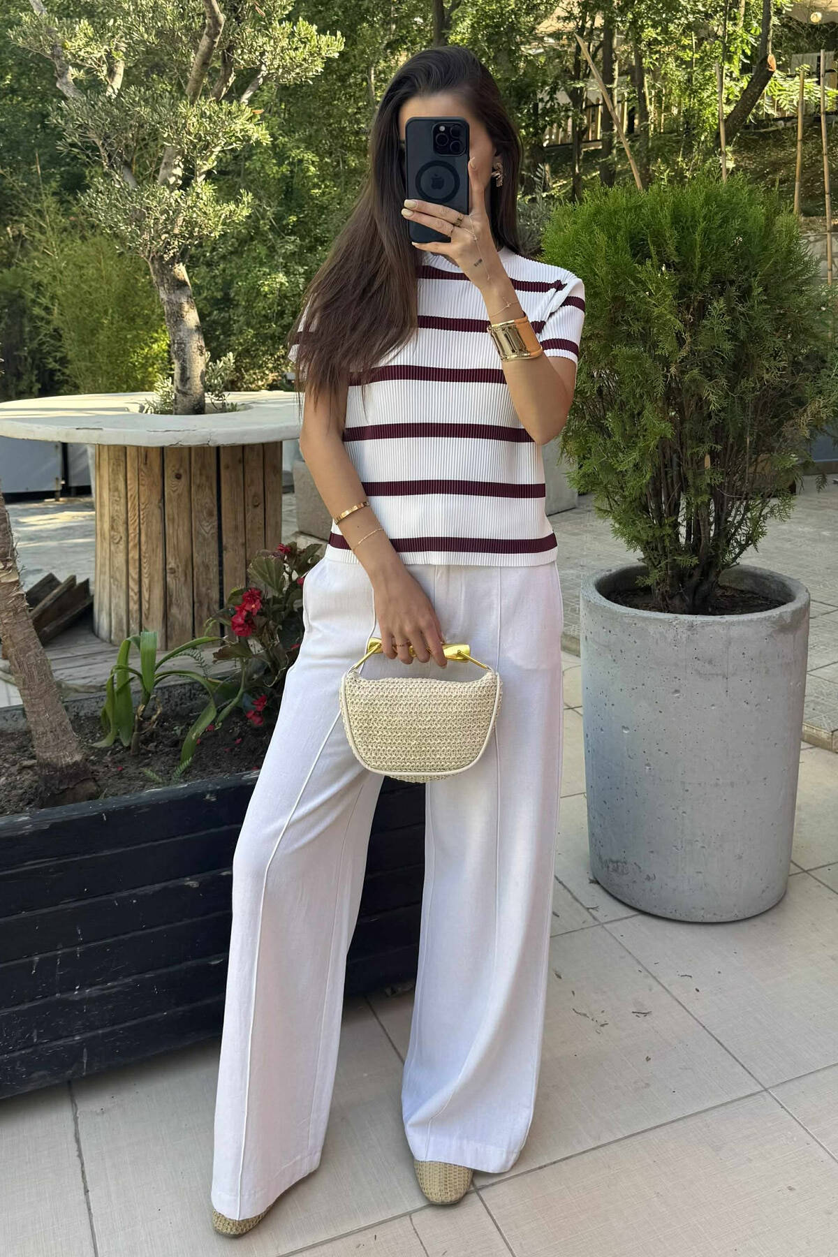 ROUND NECK STRIPE DESIGN WOMEN T-SHIRT WHITE-BURGUNDY/BAVI T-SHIRT ...