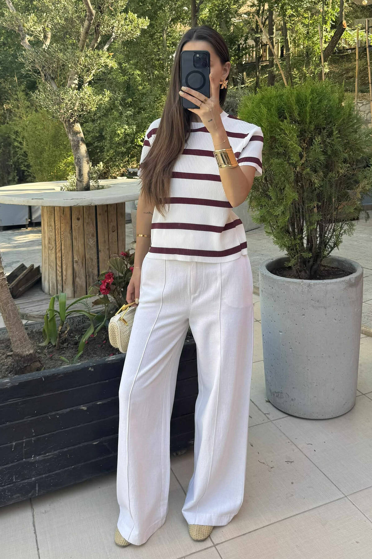 ROUND NECK STRIPE DESIGN WOMEN T-SHIRT WHITE-BURGUNDY/BAVI T-SHIRT ...