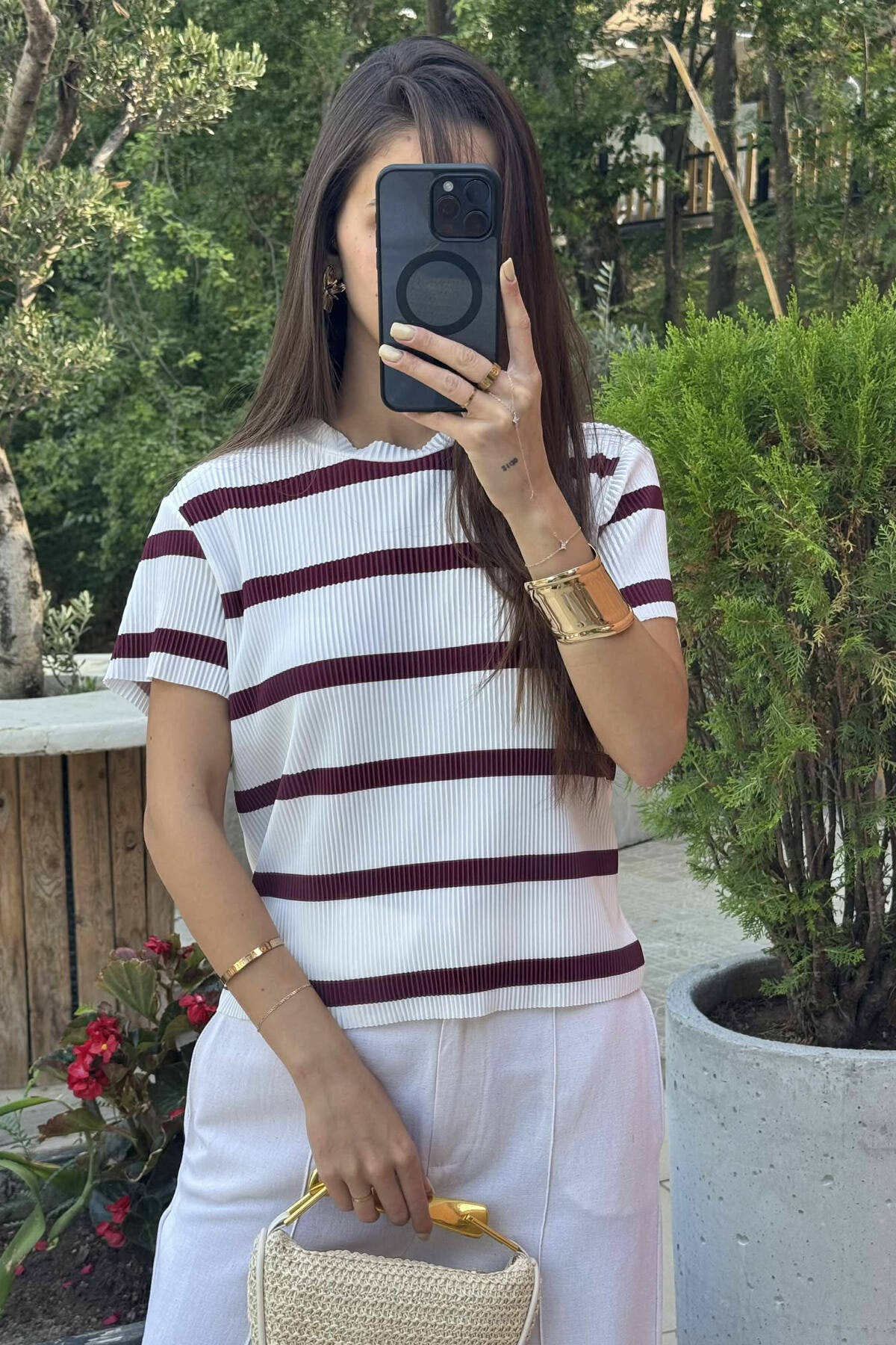 ROUND NECK STRIPE DESIGN WOMEN T-SHIRT WHITE-BURGUNDY/BAVI T-SHIRT ...