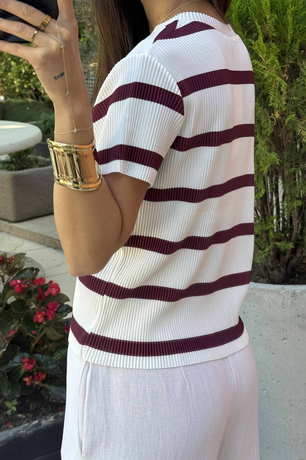 ROUND NECK STRIPE DESIGN WOMEN T-SHIRT WHITE-BURGUNDY/BAVI T-SHIRT ...